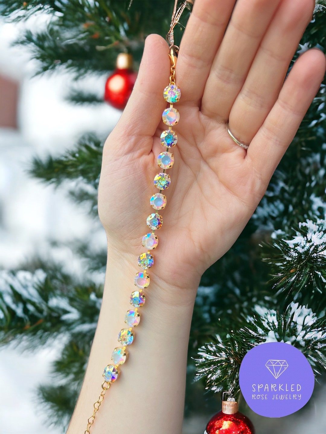 Iridescent Snow Flakes 8mm Crystal Bracelet. Genuine Austrian Crystal Bracelet. Womens Jewelry ...