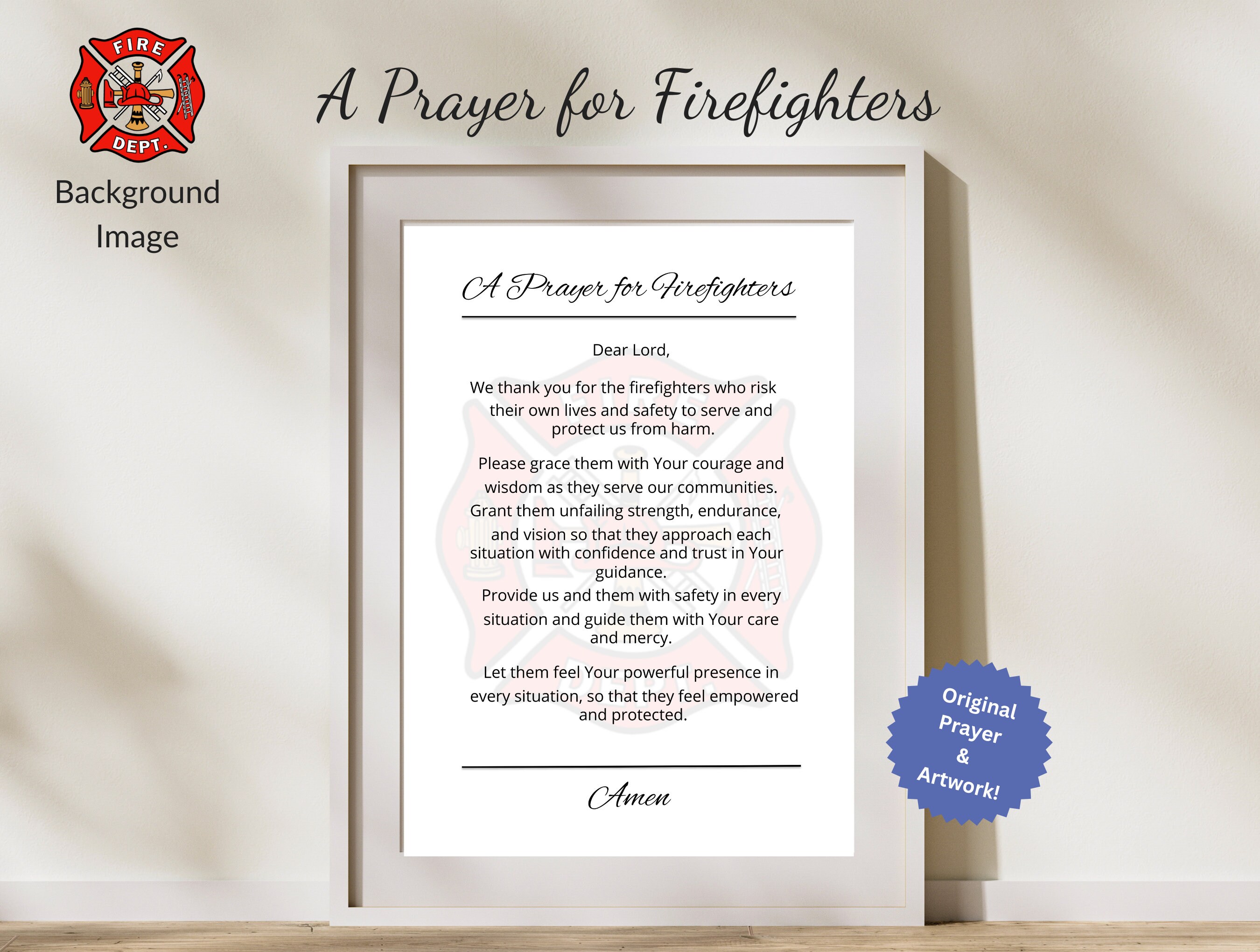 Prayer for Firefighters With Badge Image Firefighter Blessing Printed ...