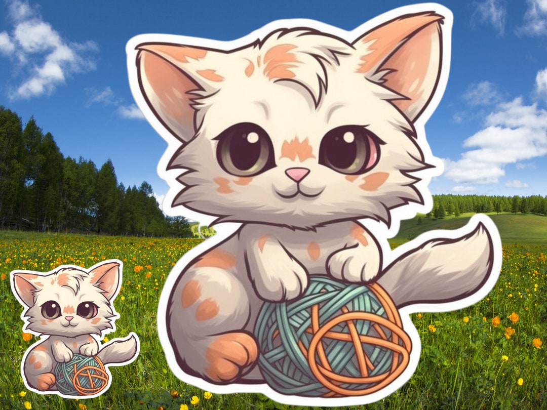 Cute Chibi Style Cat Sticker With Yarn - Etsy