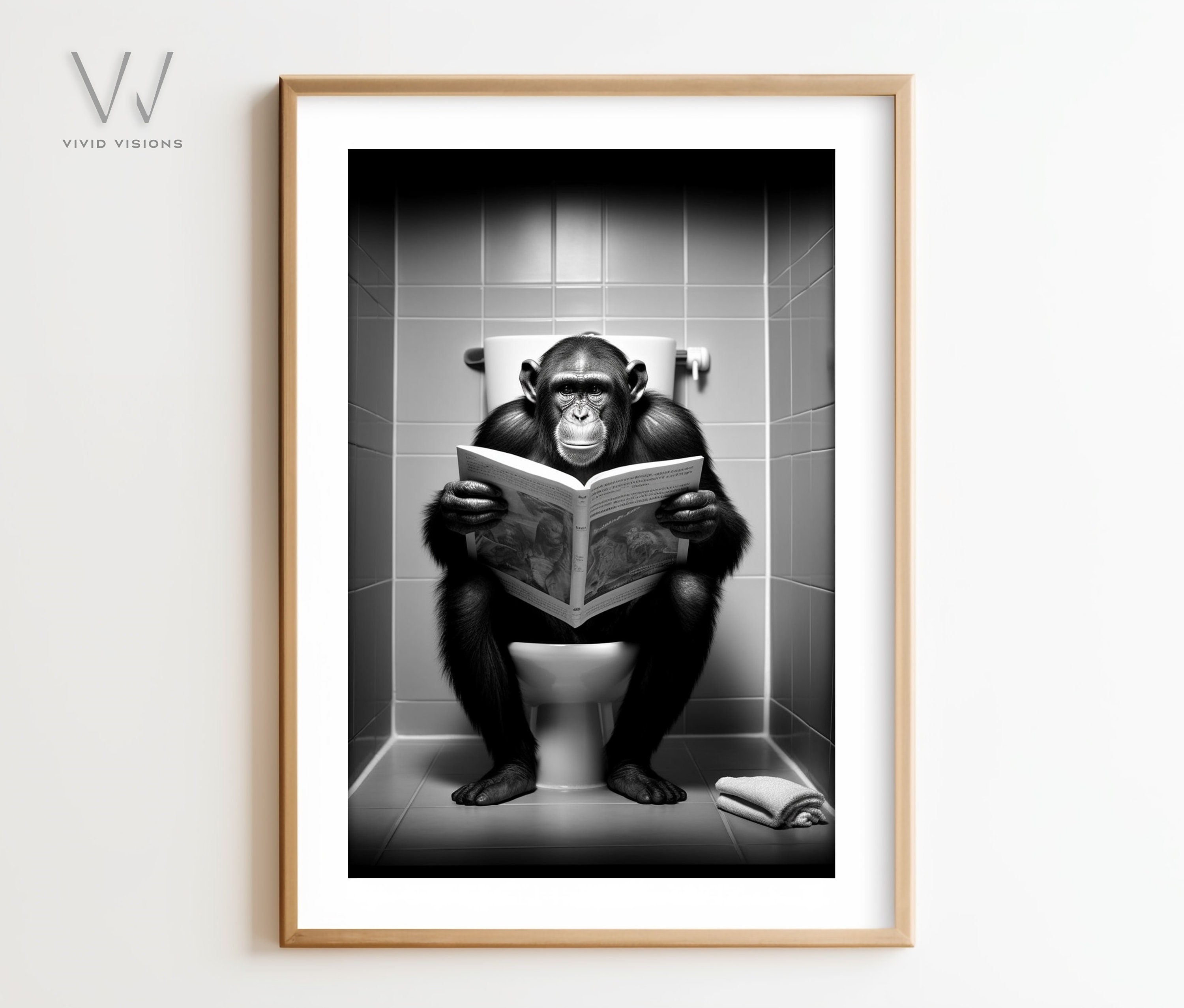 Monkey Sitting on the Toilet Reading, Animal Bathroom Art, Rustic Bath ...
