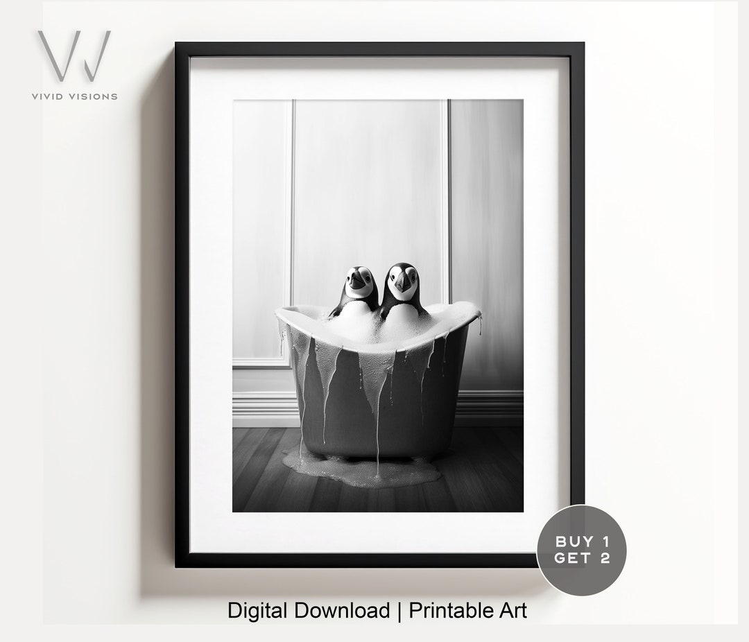 Baby Penguins in a Vintage Bathtub, Rustic Bath Style, Bathroom Wall ...