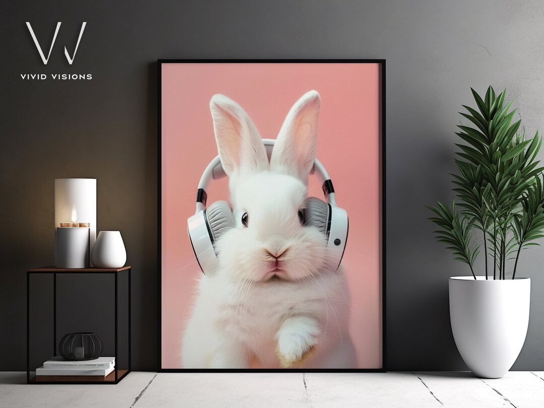 Adorable Bunny With Headphones - Modern Animal Art Print | Cute ...