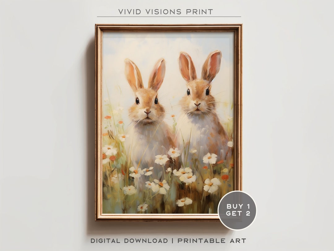 Vintage Easter Bunny Print, Spring Meadow Rabbit Painting, Farmhouse ...