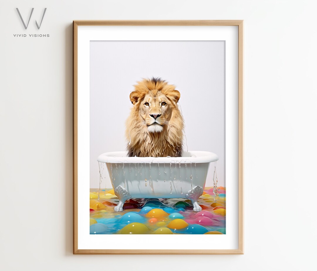Lion in a Vintage Bathtub, Cottage Rose Bath Style, Animal Bathroom Art ...