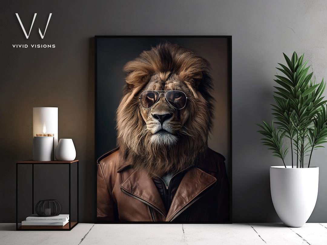 Cool Lion in Aviator Jacket and Sunglasses - Modern Animal Art Print ...