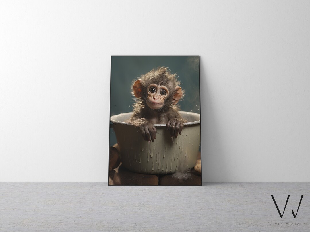 Baby Monkey in a Vintage Bathtub, Rustic Bath Style, Bathroom Wall Art ...