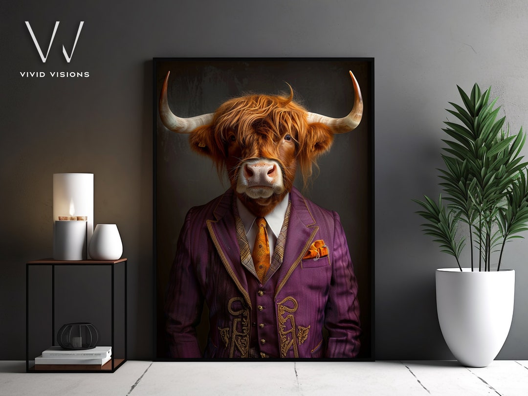 Dapper Highland Cow in Purple Suit - Modern Animal Art Print ...