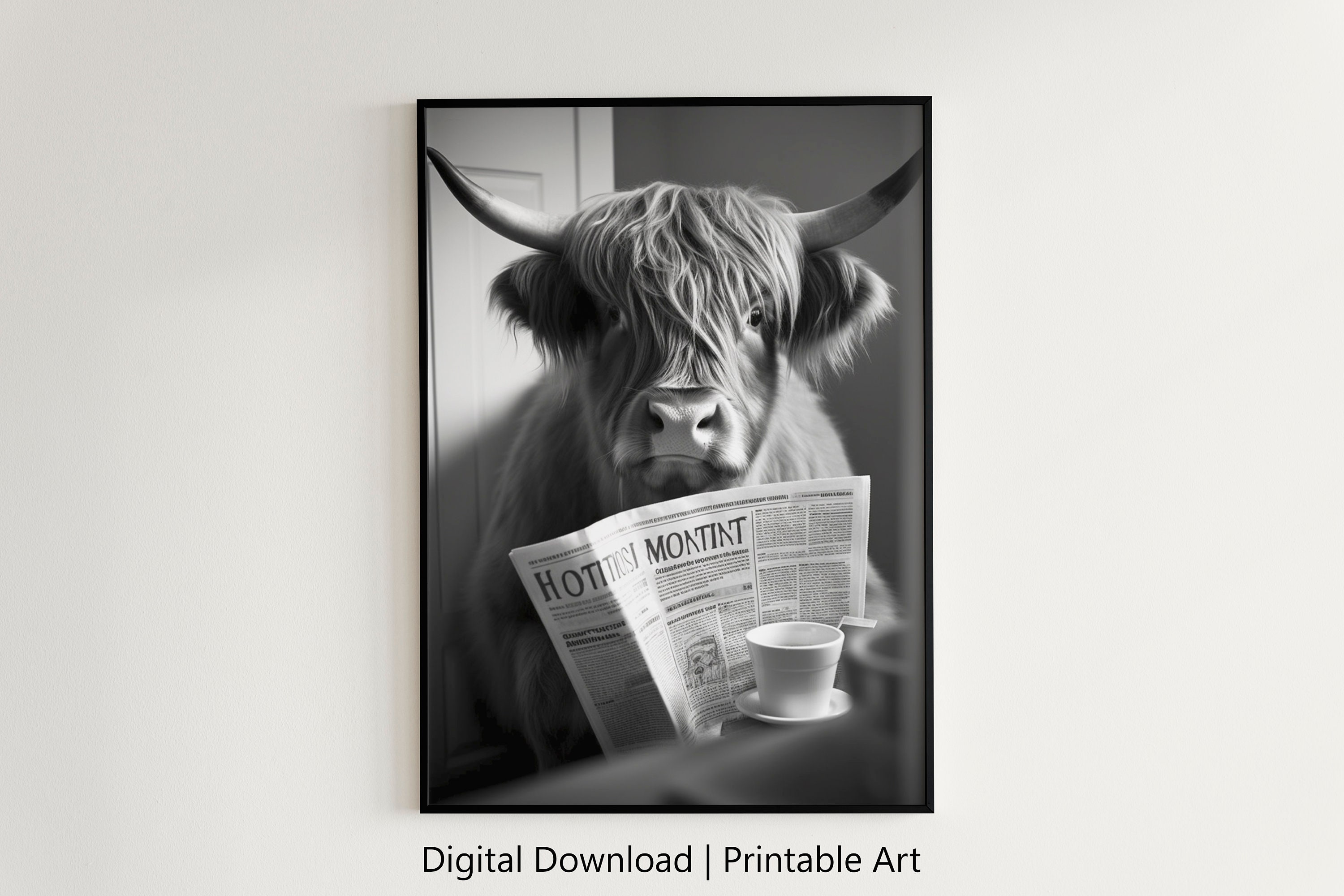 Highland Cow Reading Newspaper Funny Bathroom Wall Art Animal Print ...