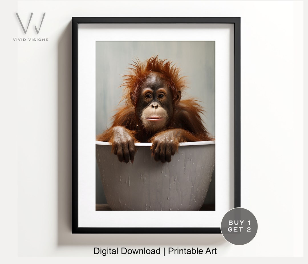 Monkey in a Vintage Bathtub, Rustic Bath Style, Bathroom Wall Art ...