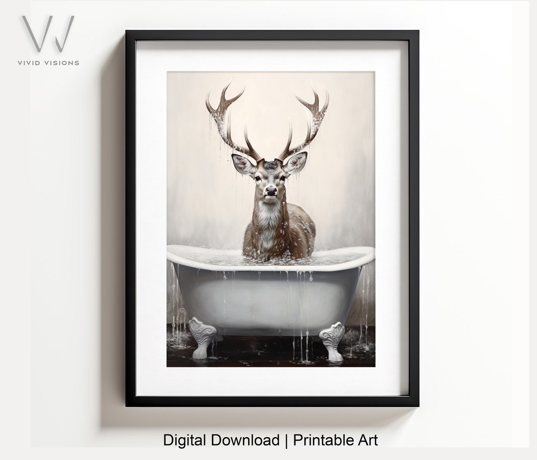 Deer in a Vintage Bathtub, Animal Bathroom Art, Rustic Bath Style ...