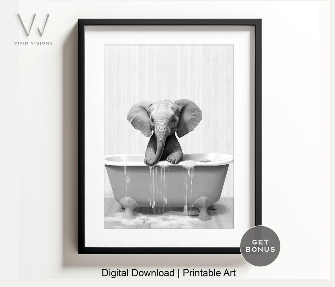 Baby Elephant in a Vintage Bathtub, Animal Bathroom Art, Rustic Bath ...