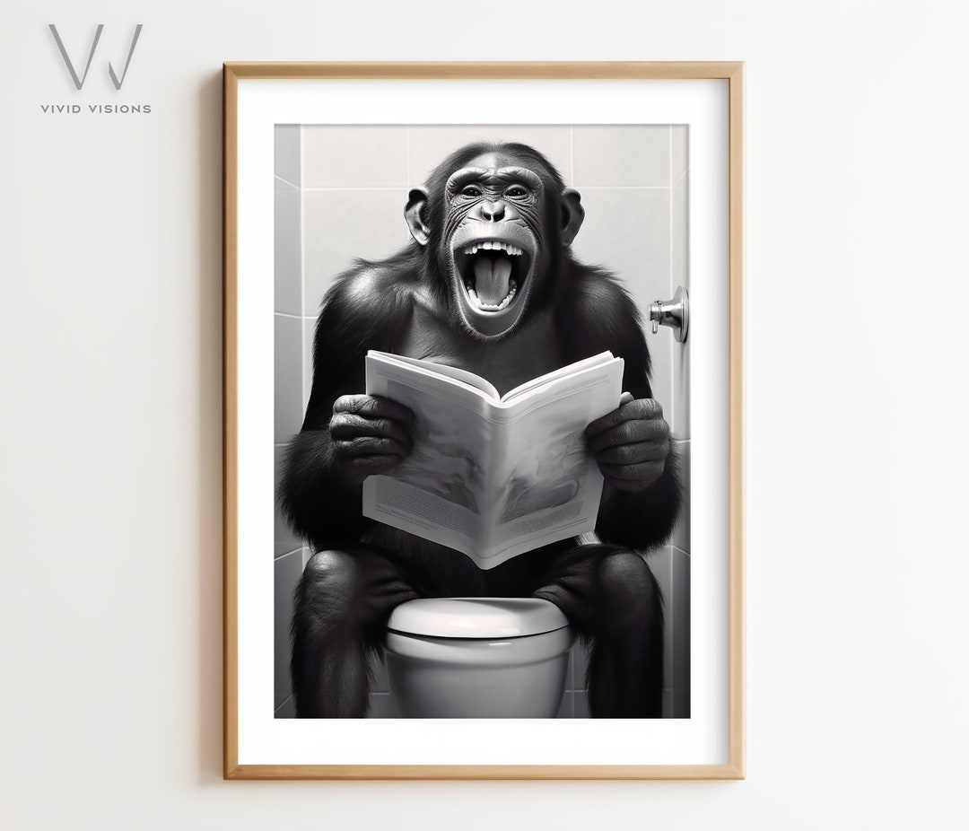 Monkey Sitting on the Toilet Reading, Animal Bathroom Art, Rustic Bath Style, Funny Bathroom ...