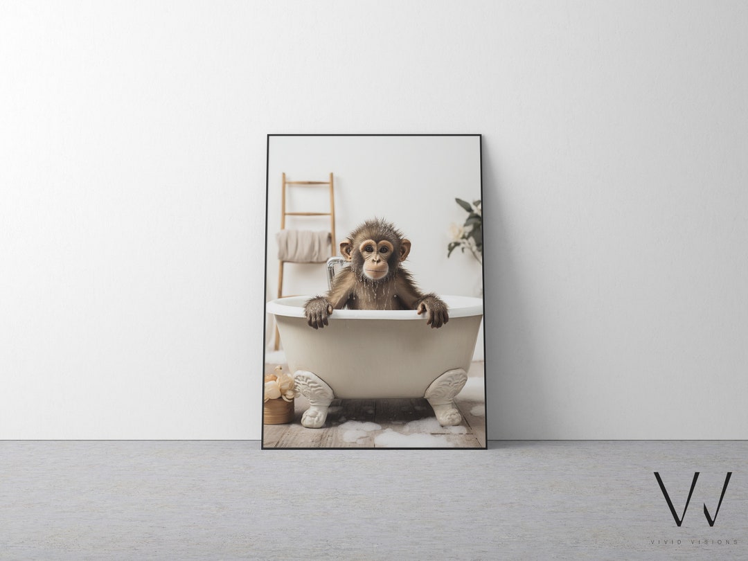 Baby Monkey in a Vintage Bathtub, Rustic Bath Style, Bathroom Wall Art ...