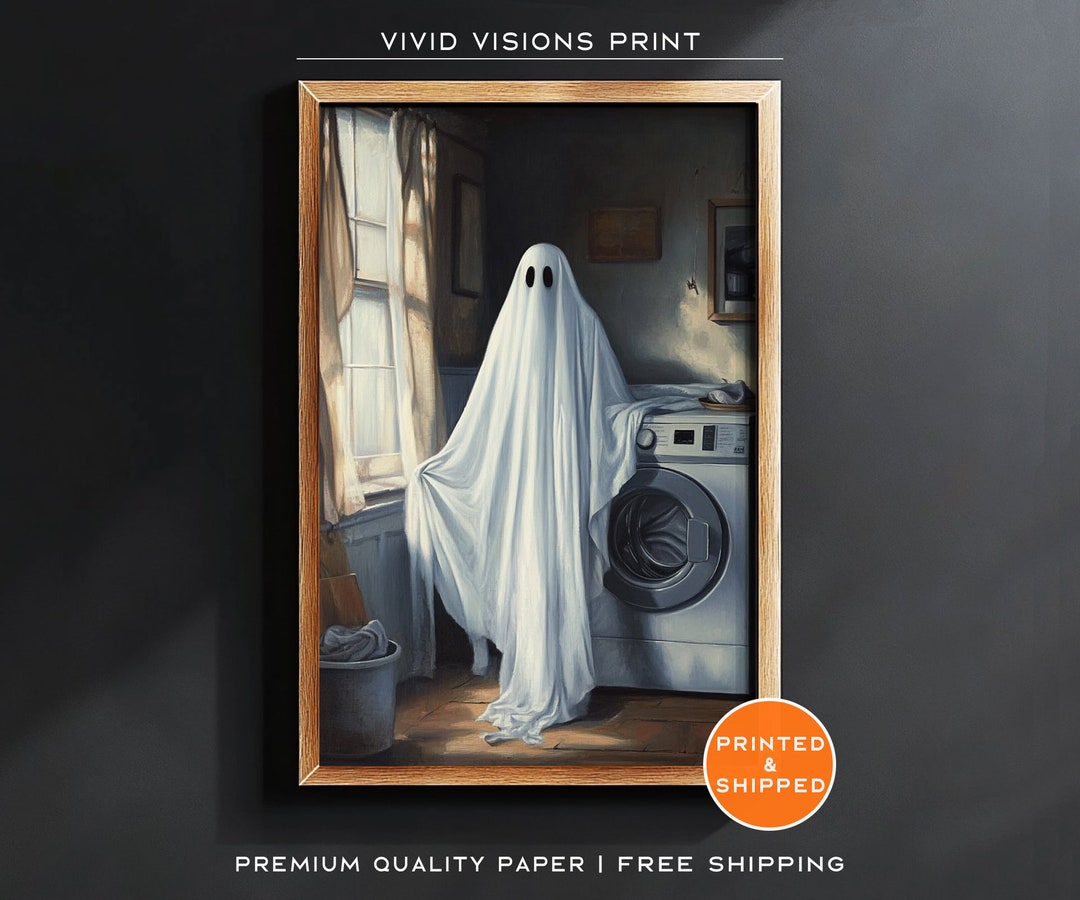 Spooky Ghost on Laundry Day Art Print - Halloween Bathroom Decor - Dark ...