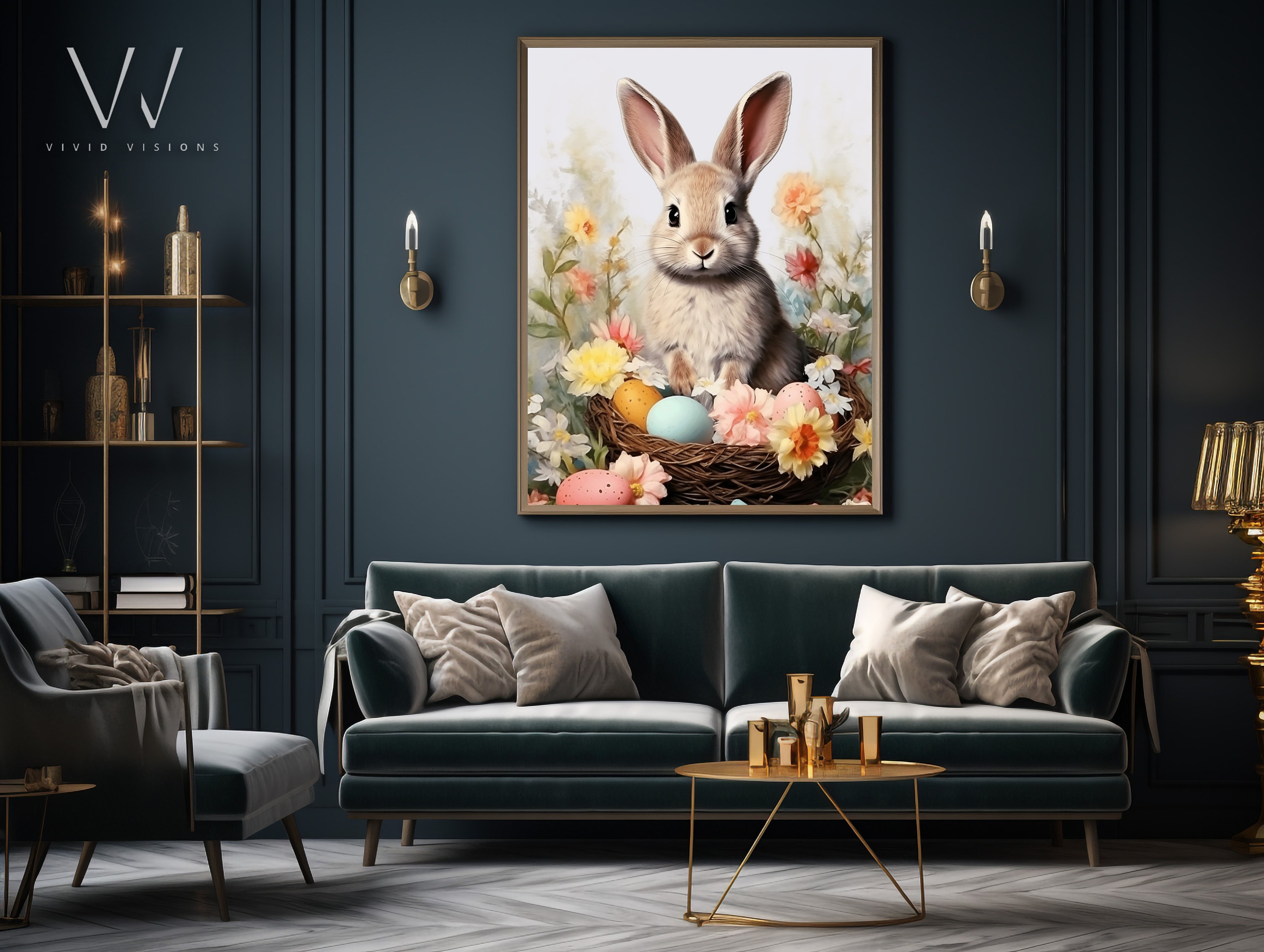 Vintage Easter Bunny Print, Spring Meadow Rabbit Painting, Farmhouse ...