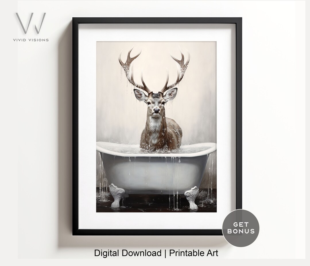 Deer in a Vintage Bathtub, Animal Bathroom Art, Rustic Bath Style ...