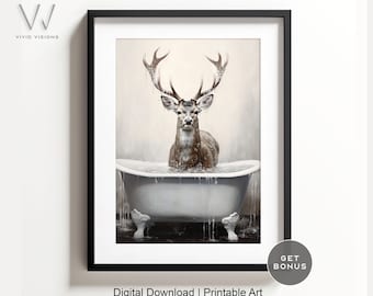 Animal Bathroom Art Print, 8x10 Bath Deer in Bathtub Tub, Vintage Home ...
