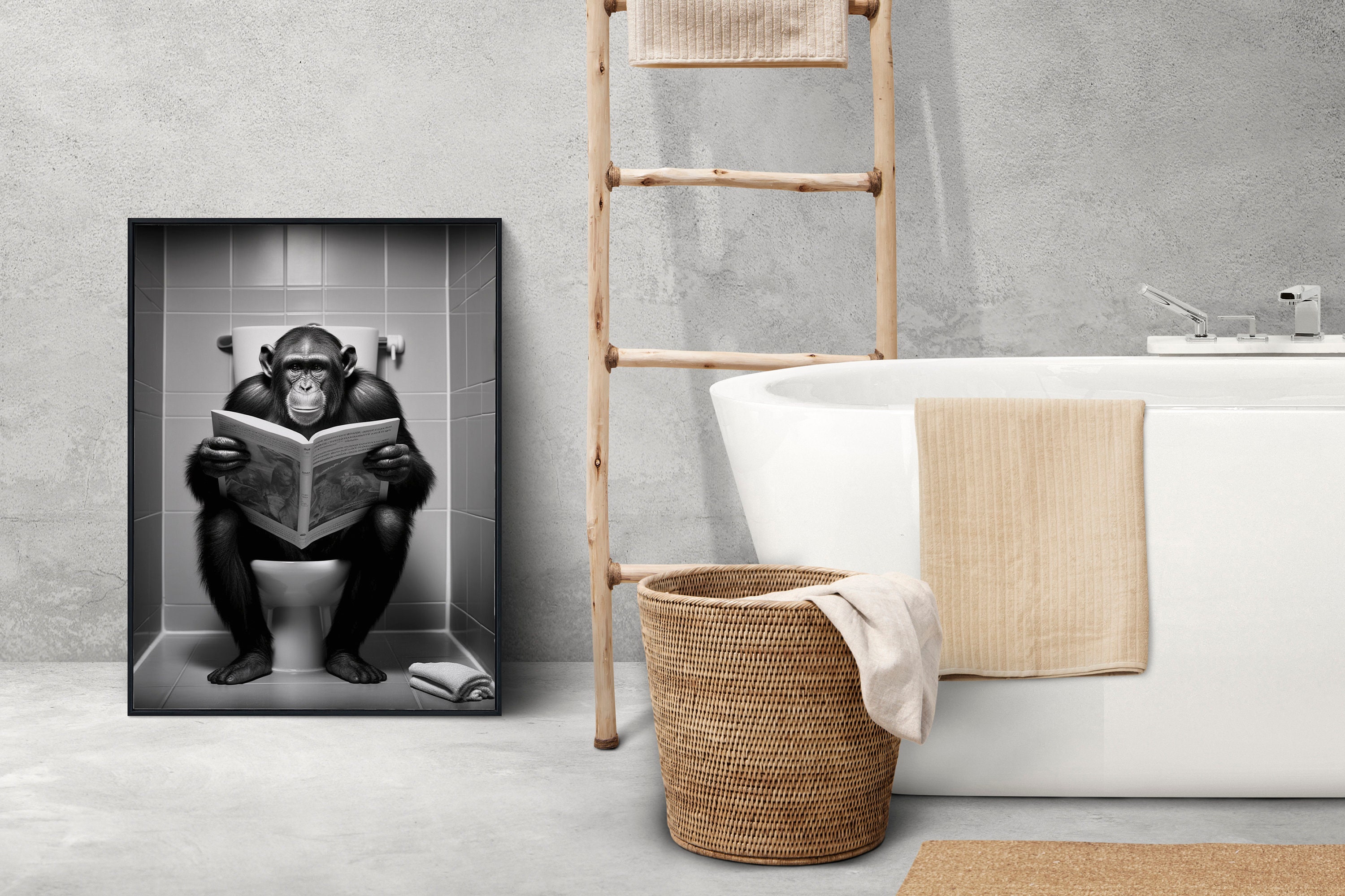 Monkey Sitting on the Toilet Reading, Animal Bathroom Art, Rustic Bath ...
