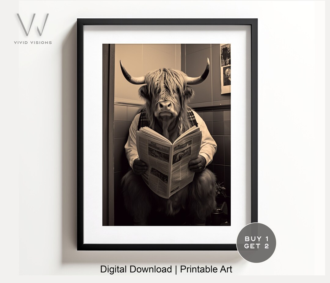 Highland Kuh sitzend auf lesender Toilette Lustige Badezimmer Wand Kunst Tierdruck Badezimmer ...