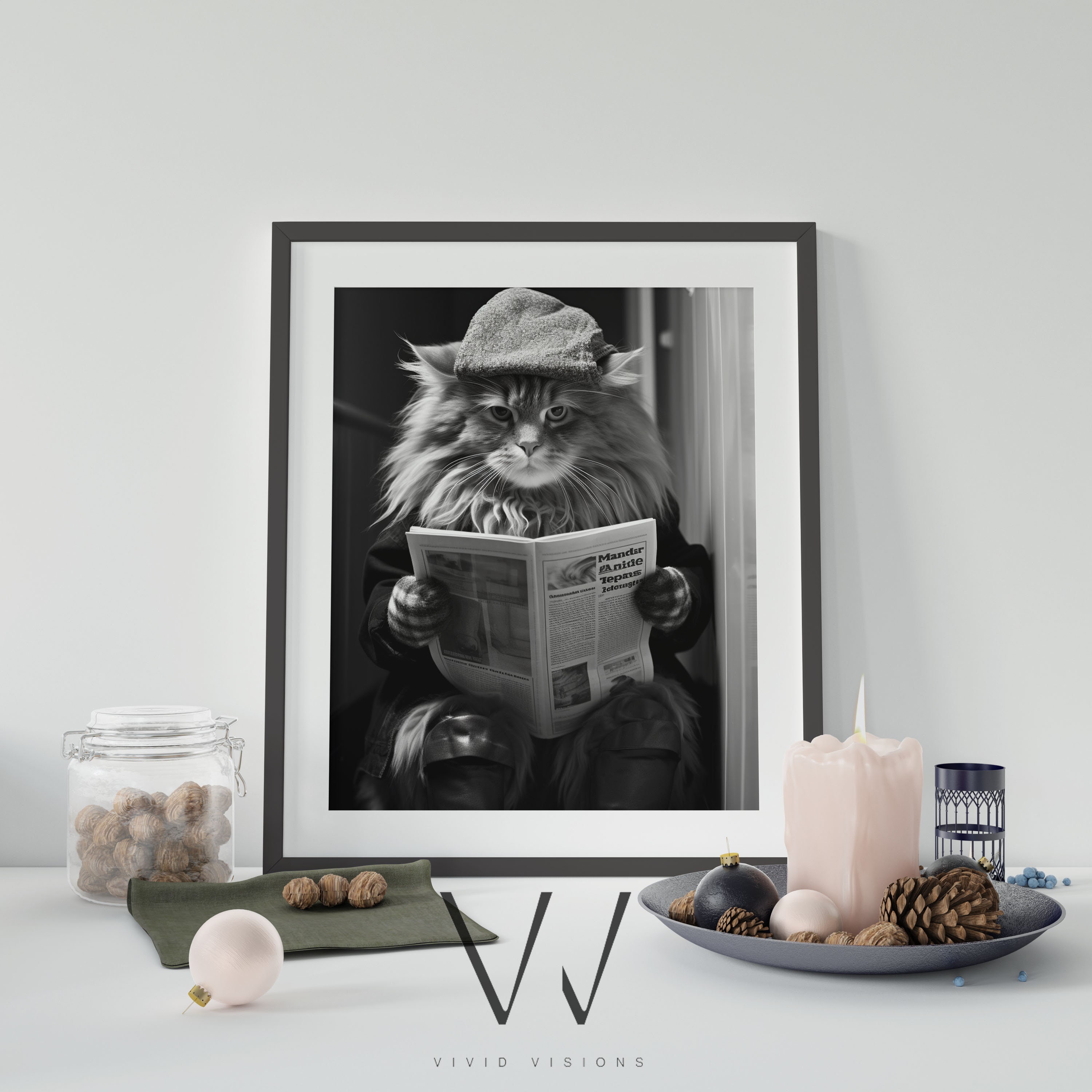 Cute Cat Reading a Newspaper Funny Bathroom Wall Art Animal Print ...