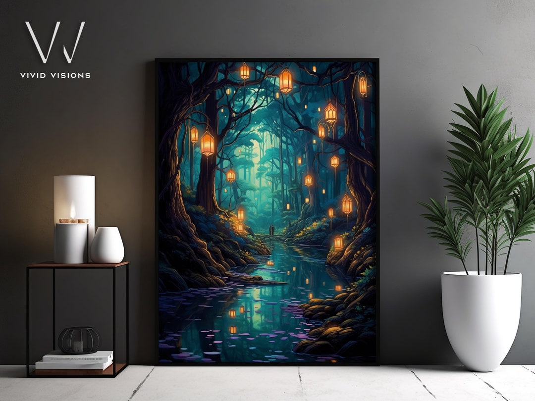 Spiritual Forest Wall Art Print - Lanterns - Fantasy Painting - Trees ...