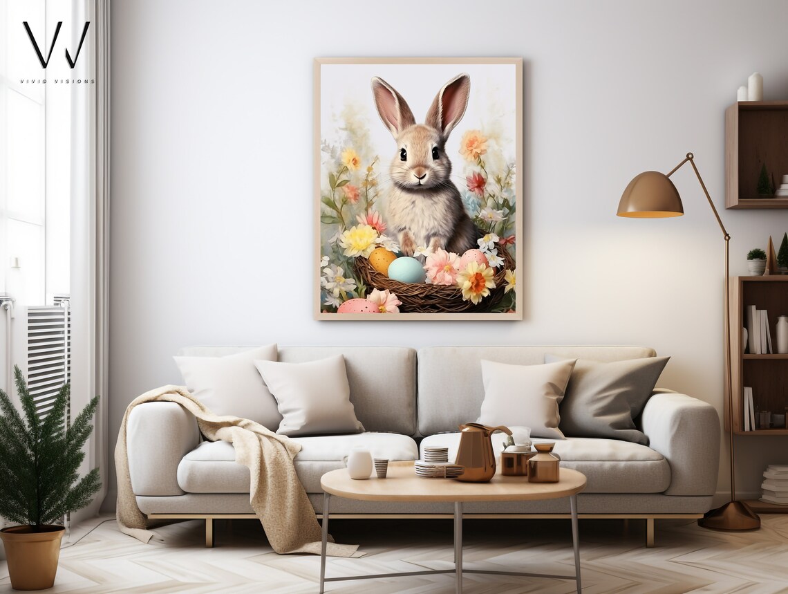 Vintage Easter Bunny Print, Spring Meadow Rabbit Painting, Farmhouse ...