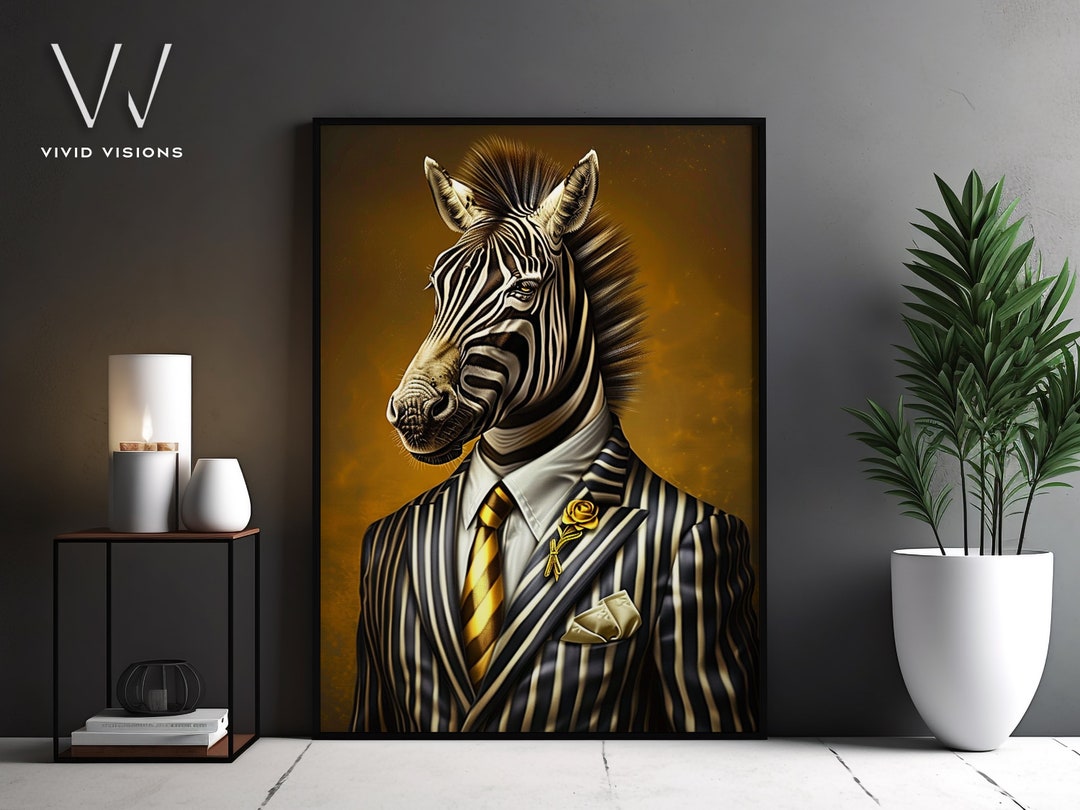 Chic Zebra in Striped Suit - Modern Animal Art Print | Contemporary ...