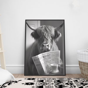 Highland Cow Reading Newspaper | Funny Bathroom Wall Art | Animal Print ...