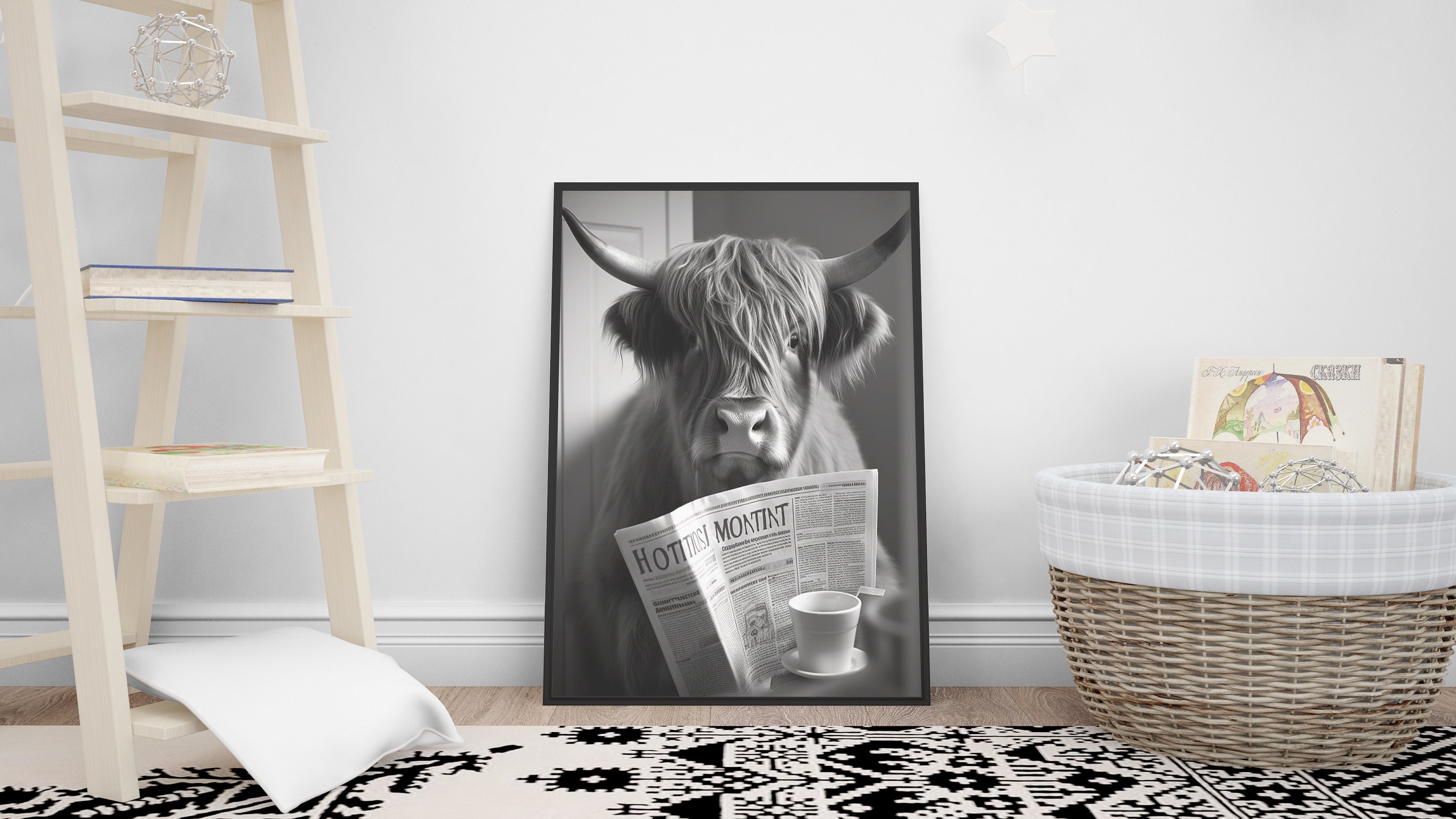 Highland Cow Reading Newspaper | Funny Bathroom Wall Art | Animal Print ...