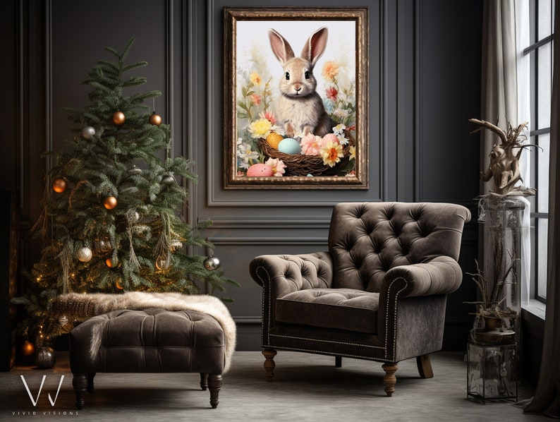 Vintage Easter Bunny Print, Spring Meadow Rabbit Painting, Farmhouse ...