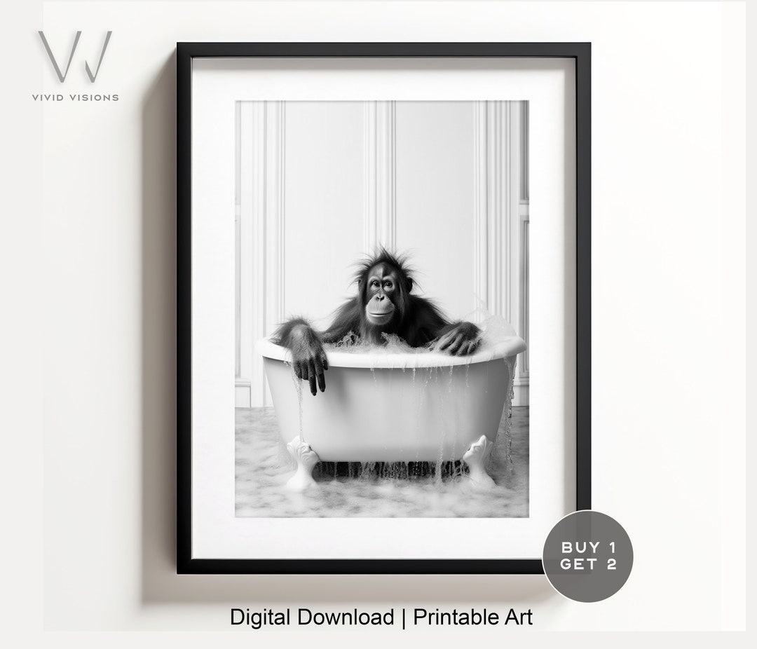 Whimsical Monkey in Tub Print: Black & White Bathroom Decor (digital ...