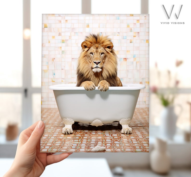 Lion in a Vintage Bathtub, Cottage Rose Bath Style, Animal Bathroom Art ...