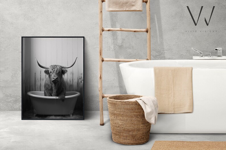 Wunderliche Highland Kuh in Wanne Druckbare Wandkunst Kuh Fotografie Badezimmer Dekor Schwarz ...
