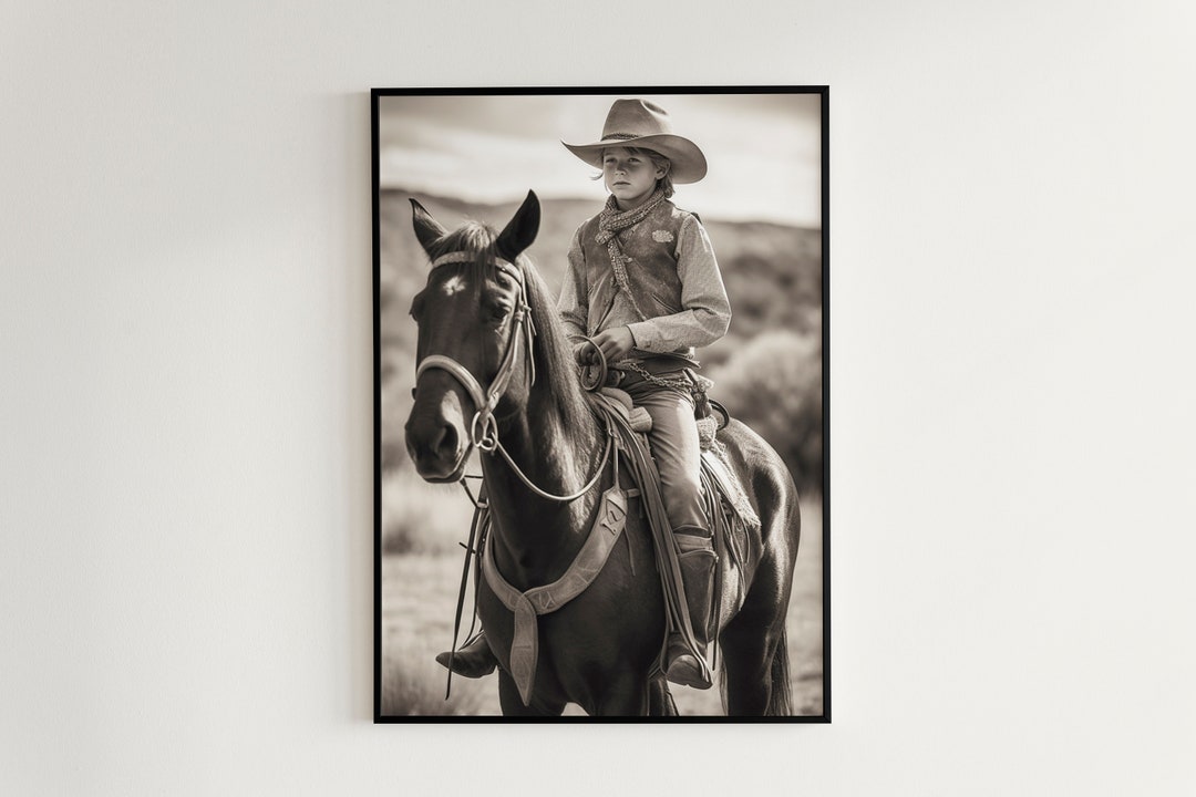 Little Cowboy Art, Black and White Art, Vintage Wall Art, Wild West ...
