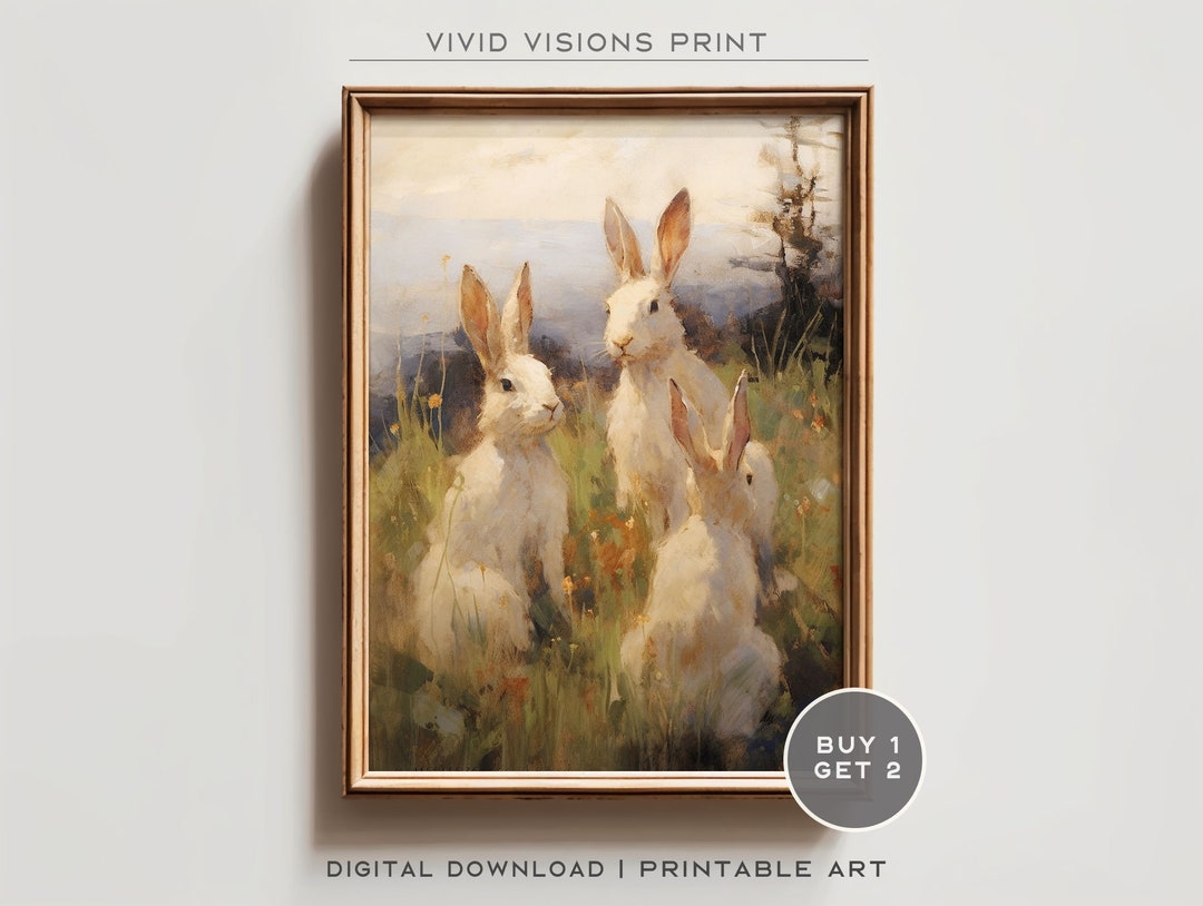Vintage Easter Bunny Print, Spring Meadow Rabbit Painting, Farmhouse ...