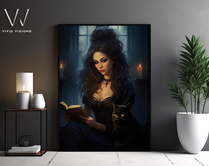 Witch in a Field With Black Cat Poster, Halloween Wall Art, Witchy Art ...