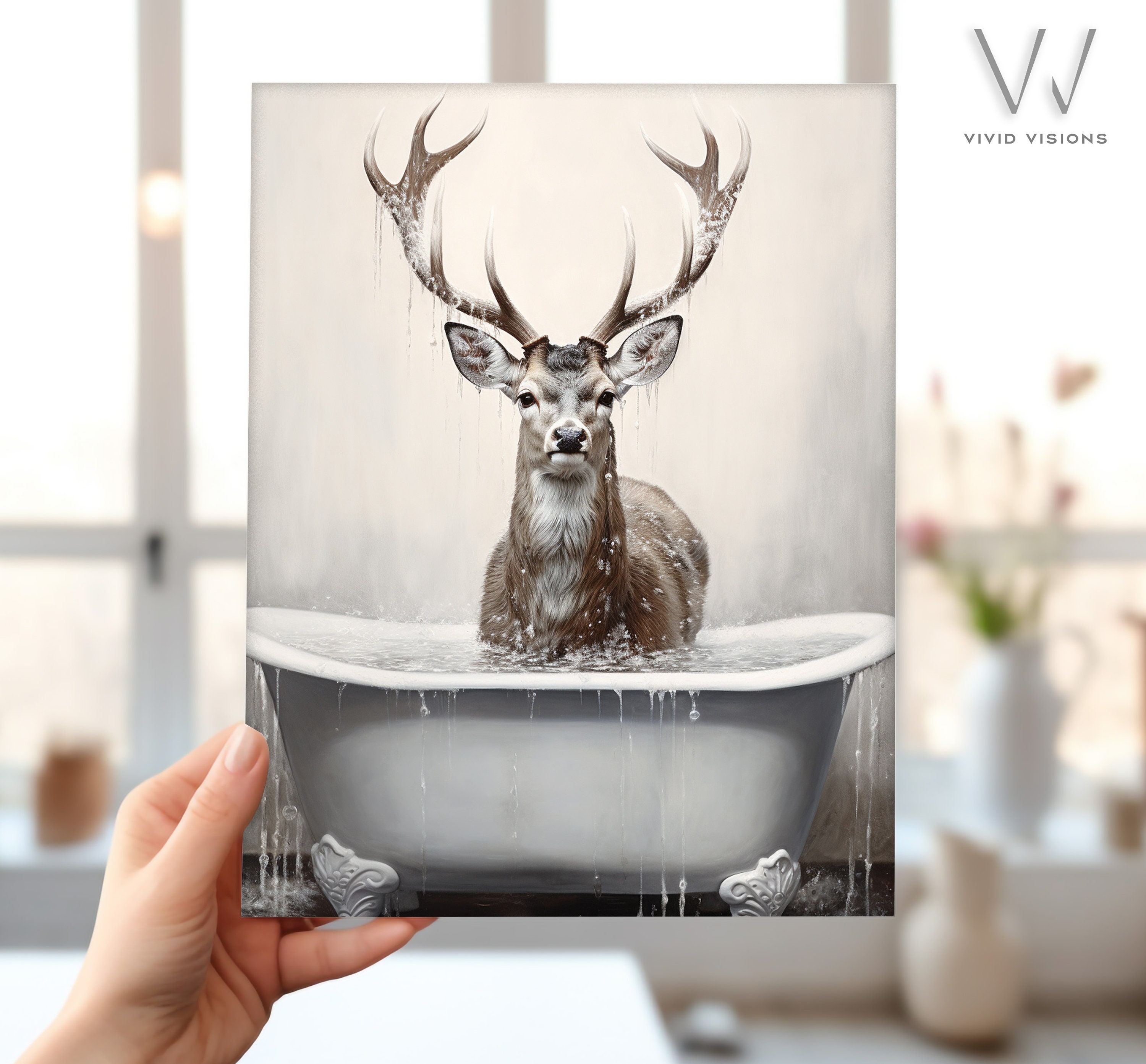 Deer in a Vintage Bathtub, Animal Bathroom Art, Rustic Bath Style ...