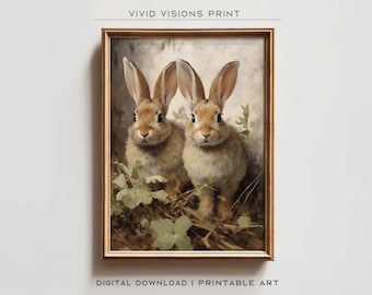 Vintage Easter Bunny Print, Spring Meadow Rabbit Painting, Farmhouse ...