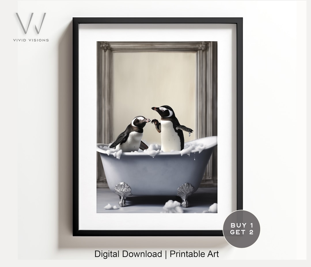 Penguins in a Vintage Bathtub, Animal Bathroom Art, Rustic Bath Style ...
