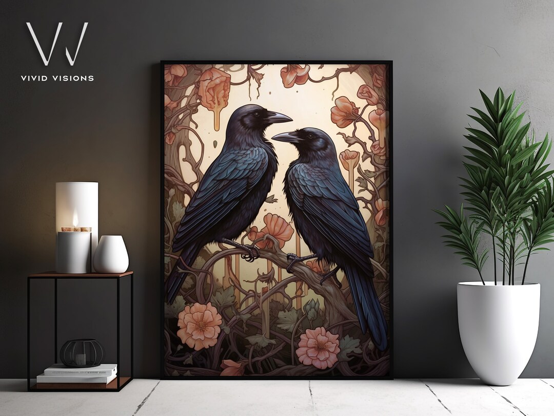 Couple Crows of Love Vintage Canvas Wall Art - Gothic Raven Poster ...
