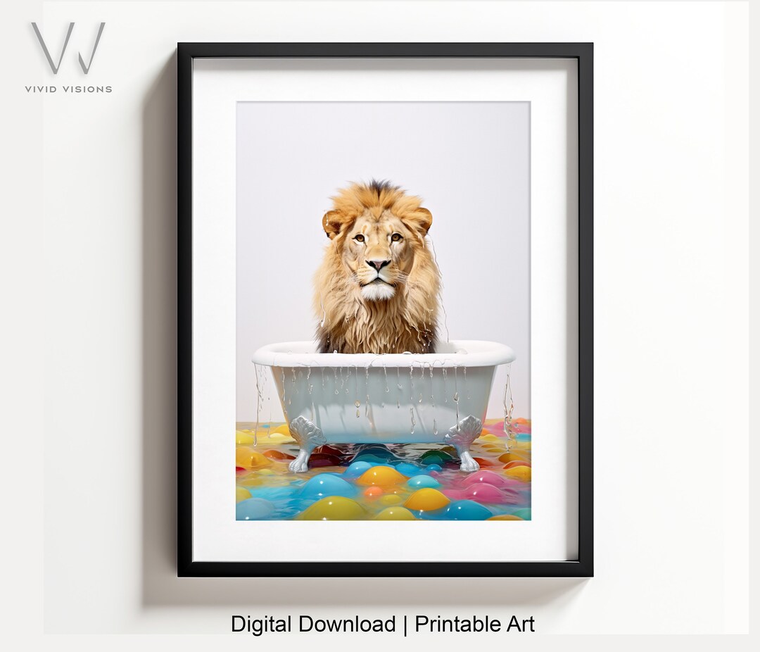 Lion in a Vintage Bathtub, Animal Bathroom Art, Rustic Bath Style, Lion ...