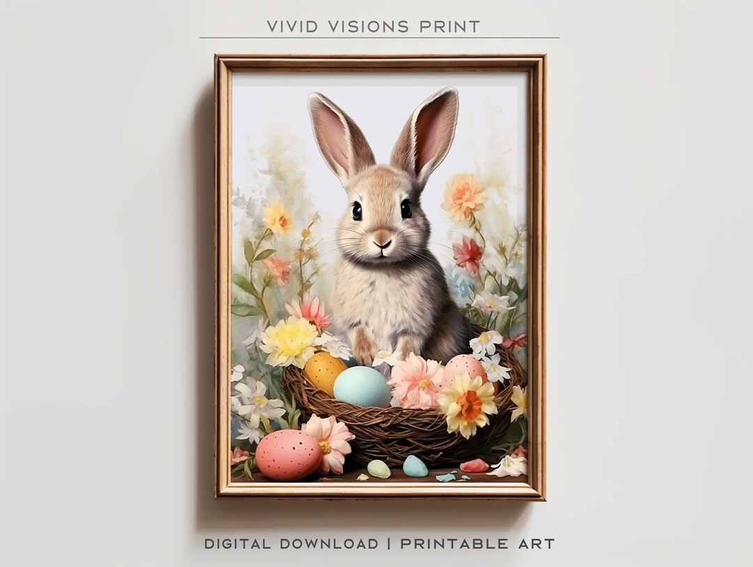 Vintage Easter Bunny Print, Spring Meadow Rabbit Painting, Farmhouse ...