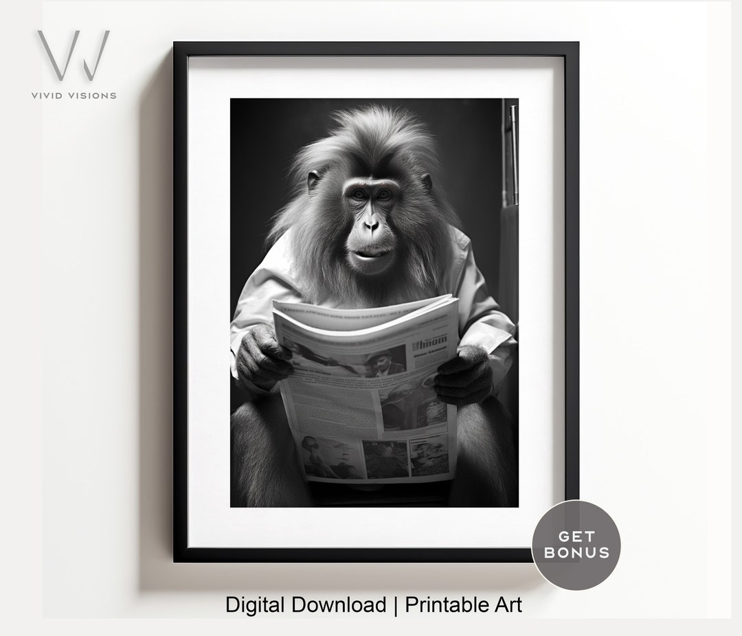 Orangutan Sitting on the Toilet Reading, Animal Bathroom Art, Rustic ...