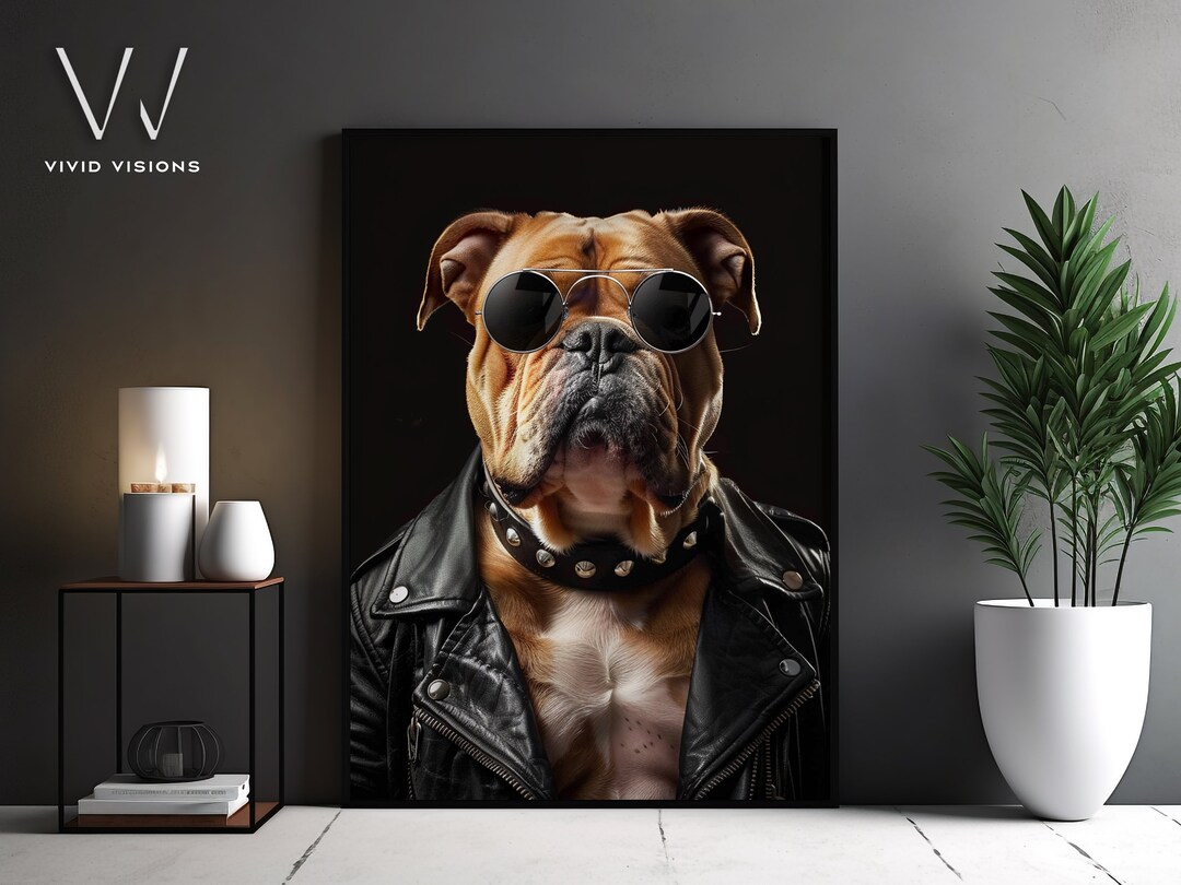 Modern Bulldog Portrait With Sunglasses - Stylish Dog in Leather Jacket ...