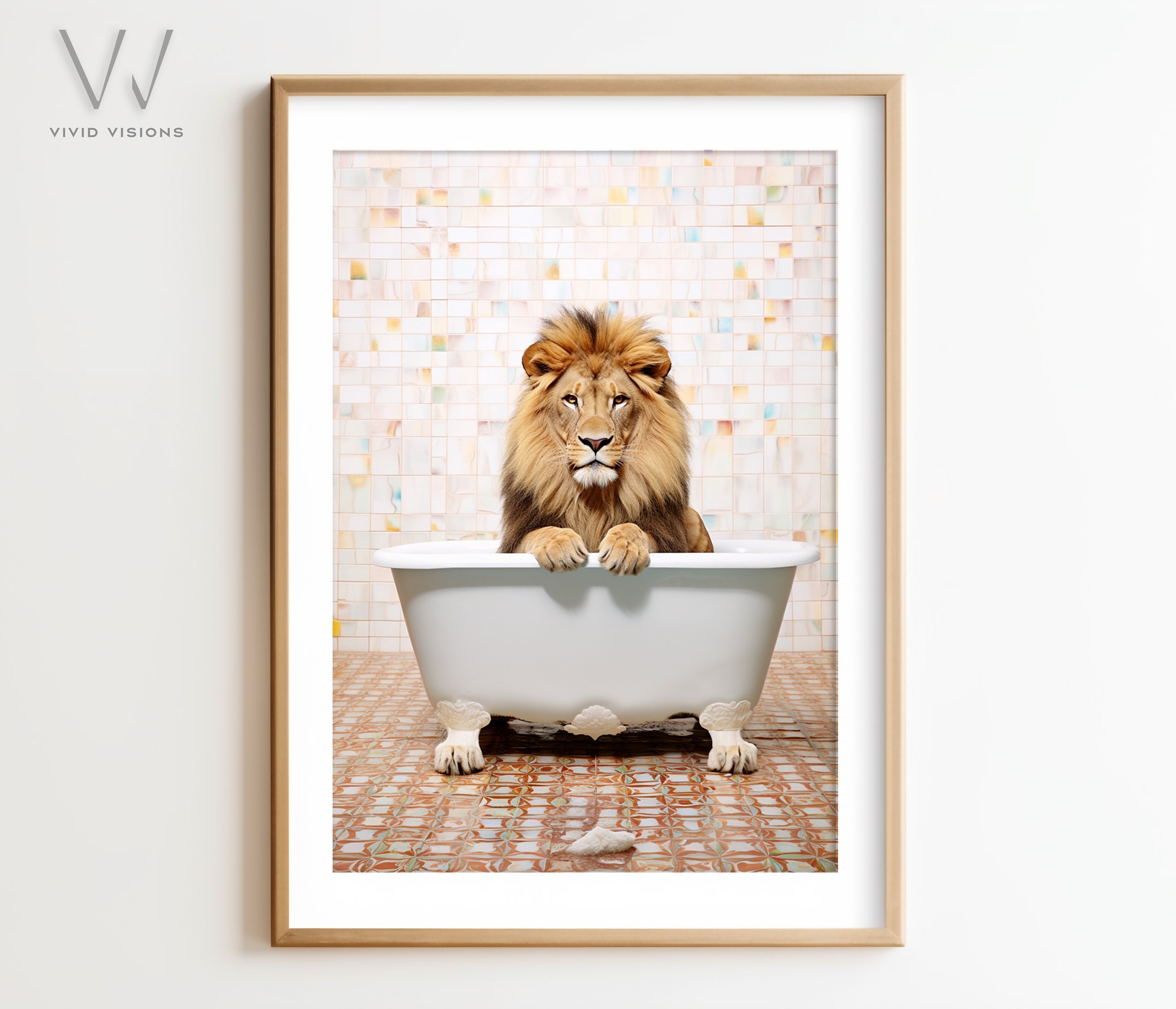 Lion in a Vintage Bathtub, Cottage Rose Bath Style, Animal Bathroom Art ...