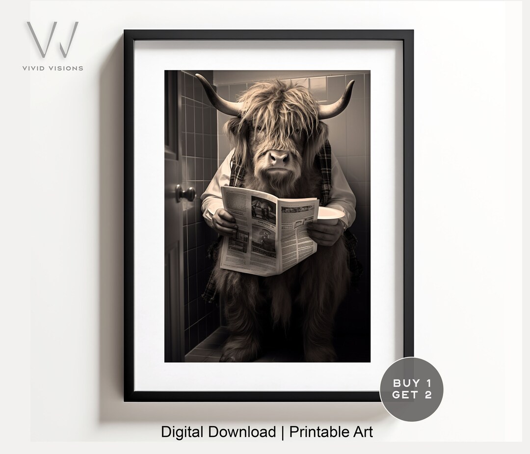 Highland Kuh sitzend auf lesender Toilette Lustige Badezimmer Wand Kunst Tierdruck Badezimmer ...