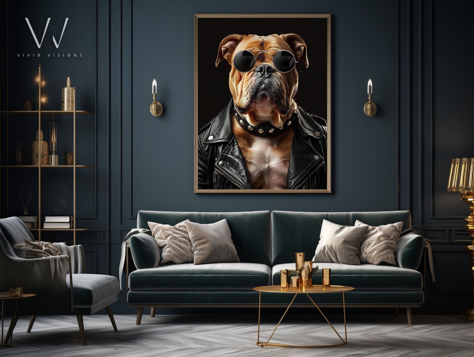 Modern Bulldog Portrait With Sunglasses - Stylish Dog in Leather Jacket ...