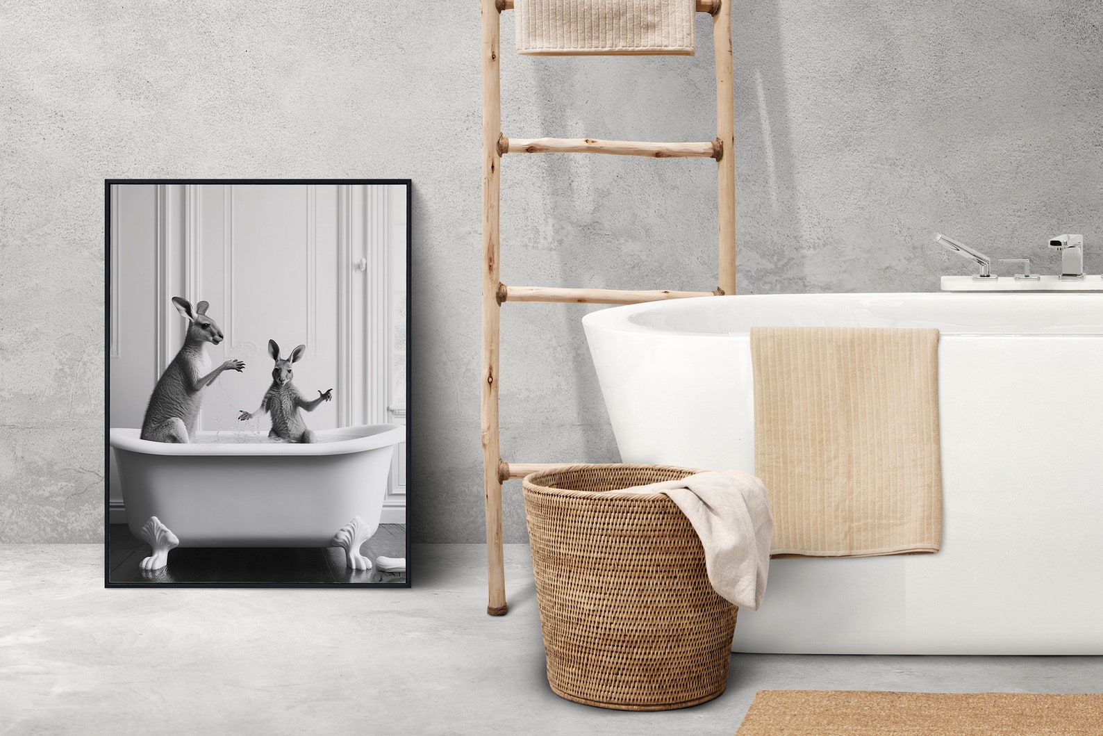 Kangaroo in a Vintage Bathtub, Animal Bathroom Art, Rustic Bath Style ...