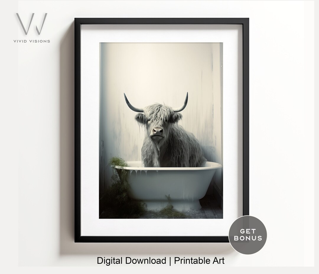 Skurrile Highland Kuh in Wanne druckbare Kunst Kuh Fotografie Badezimmer Dekor Digitaler ...