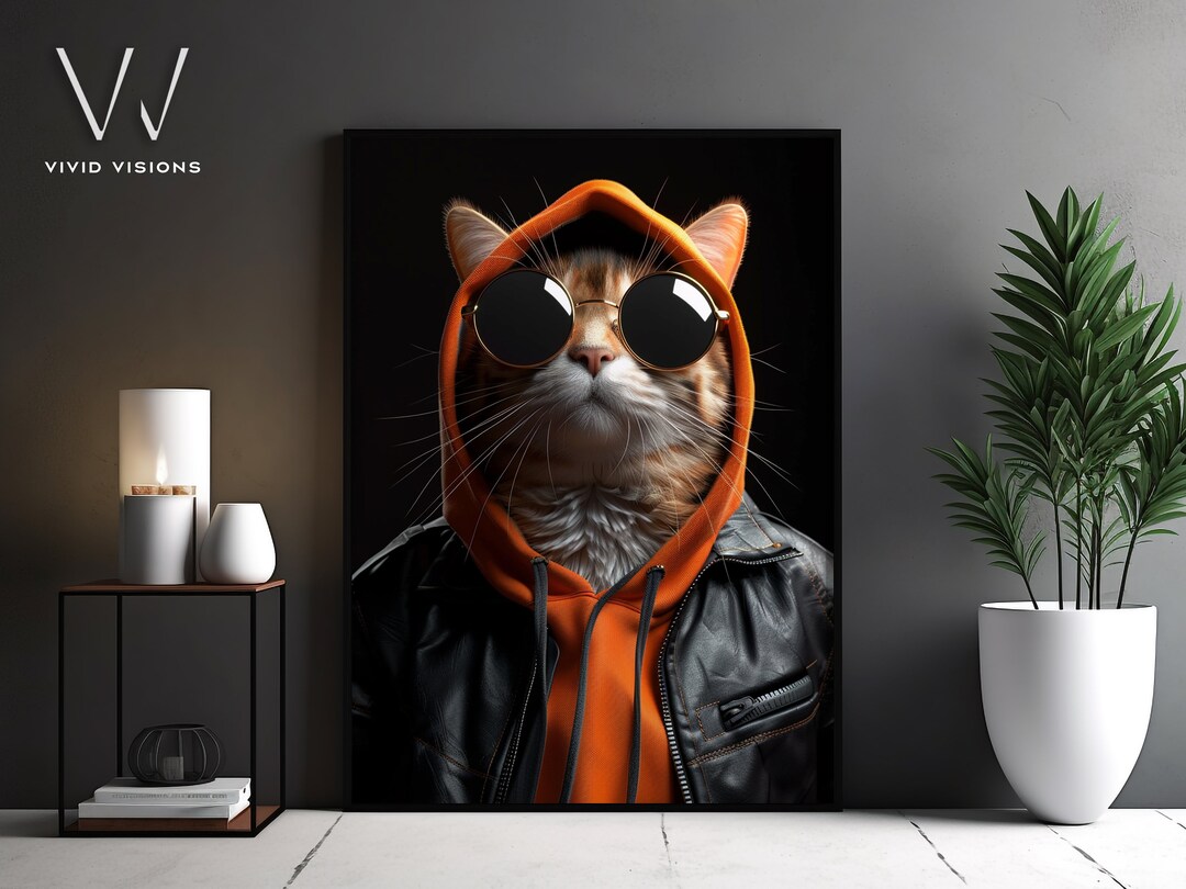 Modern Cat Portrait - Cat in Sunglasses and Hoodie - Stylish Animal Art ...